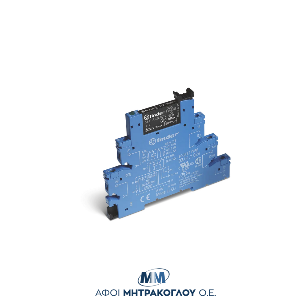 Finder Mini Ρελέ PCB Slim με βάση | 38 Series | 1CO, 24V AC/DC, 6A